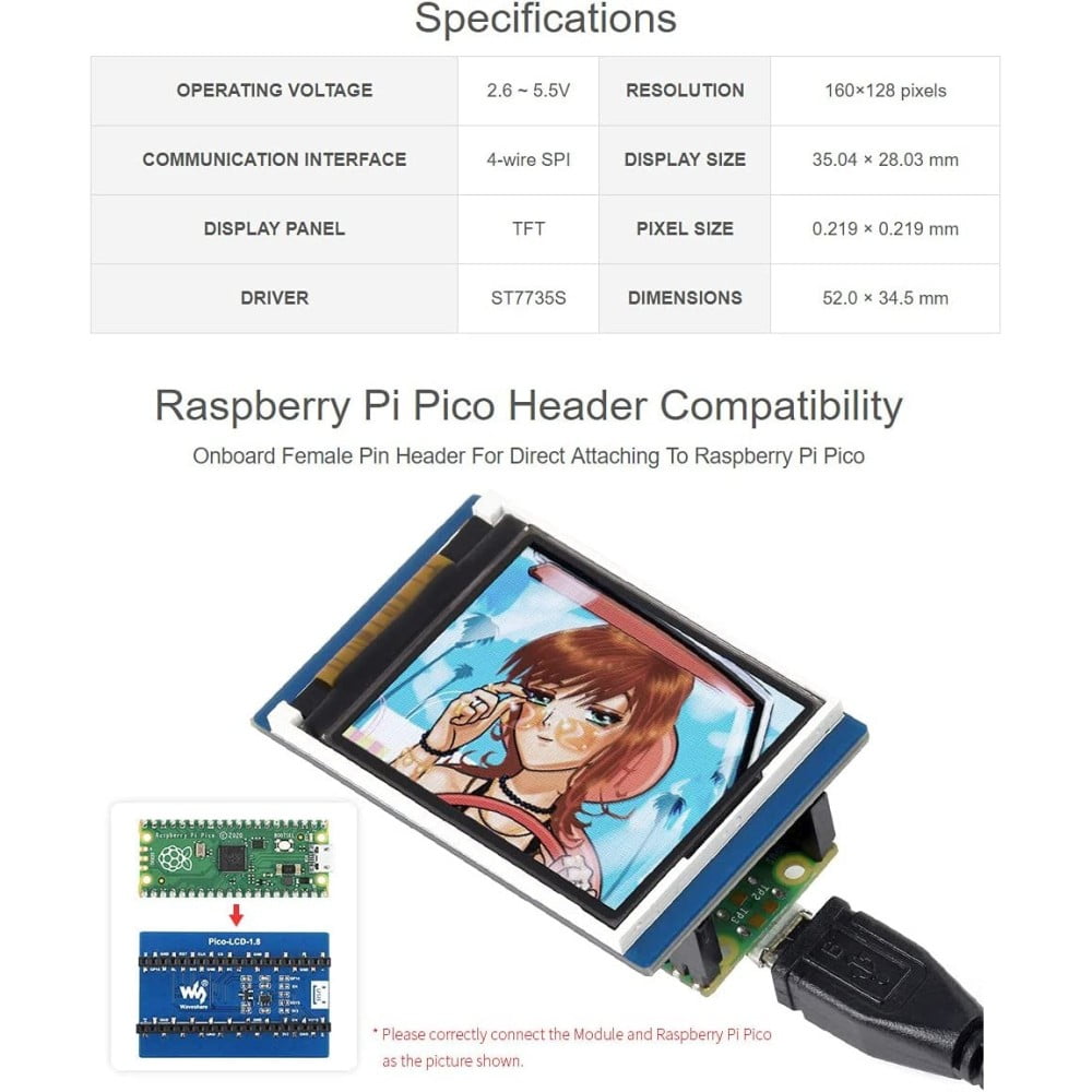 Waveshare 1.8inch LCD Display Module for Raspberry Pi Pico